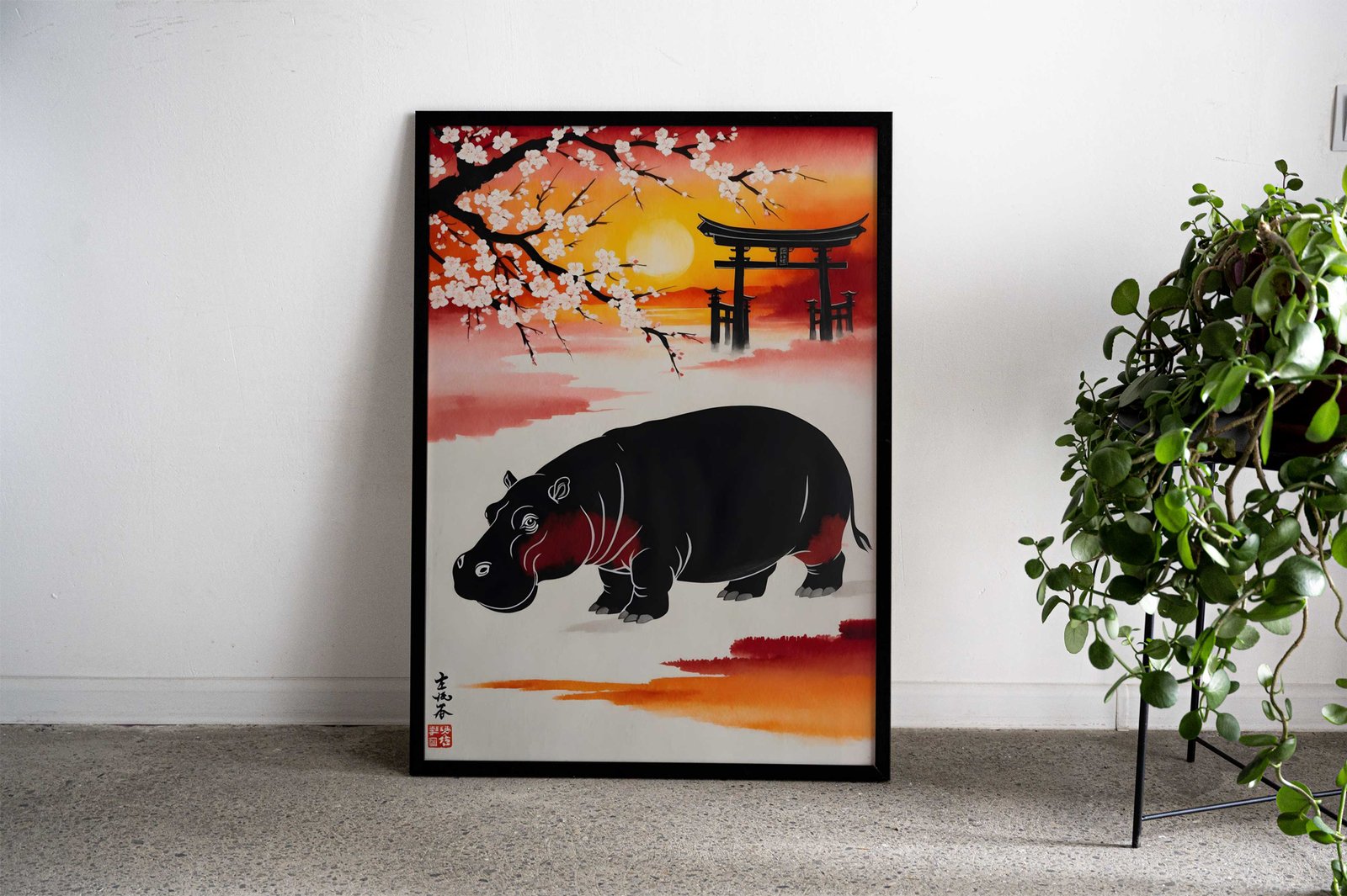 Hippo Japan Painting | Asian Style Wall Art - Multiple Sizes Available ...